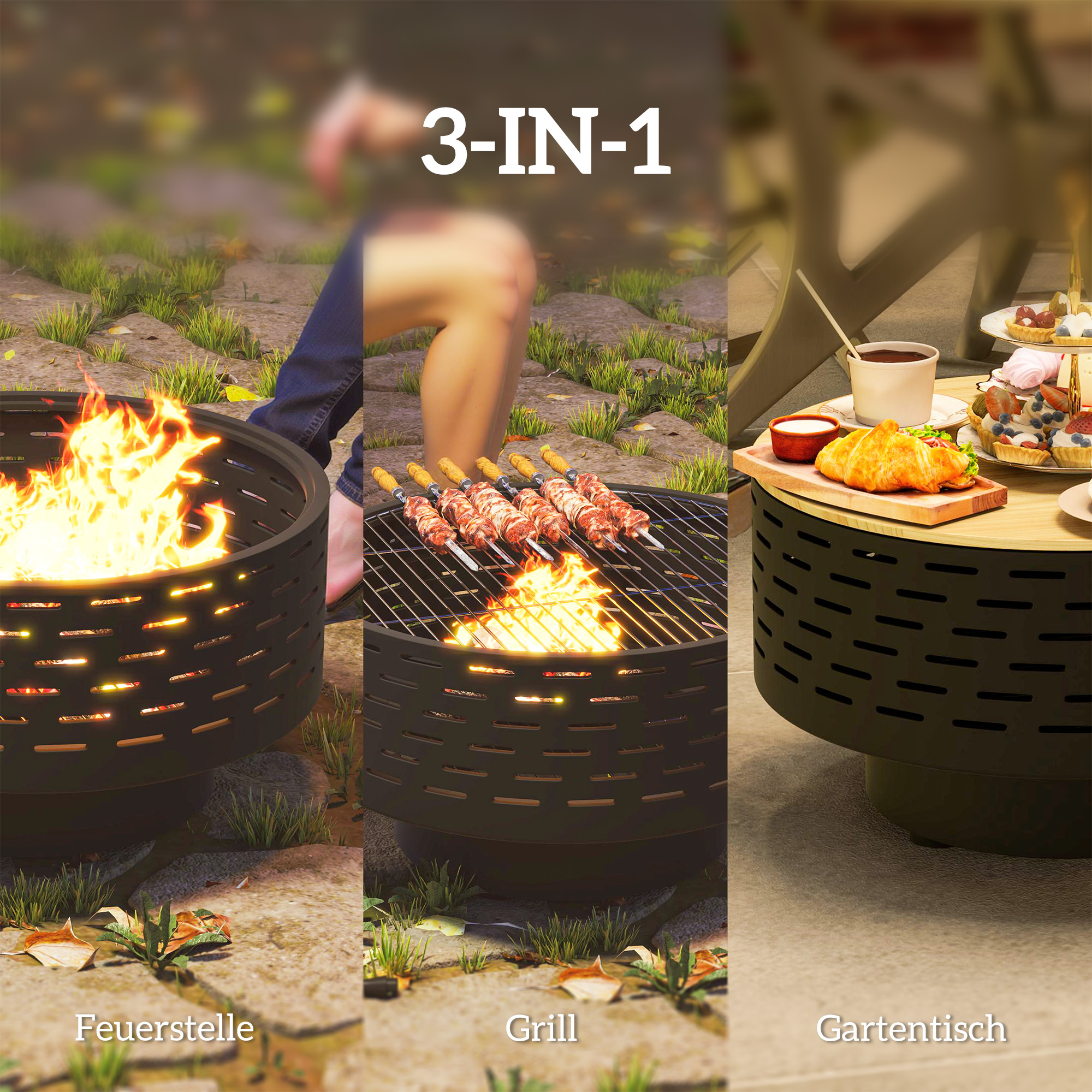 3-i-1 bålfad Ø60 x 39 cm lavet af rustfrit stål bålfad med grillrist ...